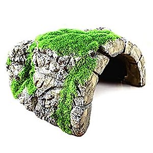 SunGrow Gecko & Ball Python Rock Cave, for Betta Fish, Hermit Crab, Shrimp, Tank Decor Ornaments, House Aquarium Hideout Décor for Aquatic Frog Pets, Resin Hideaway with Artificial Moss