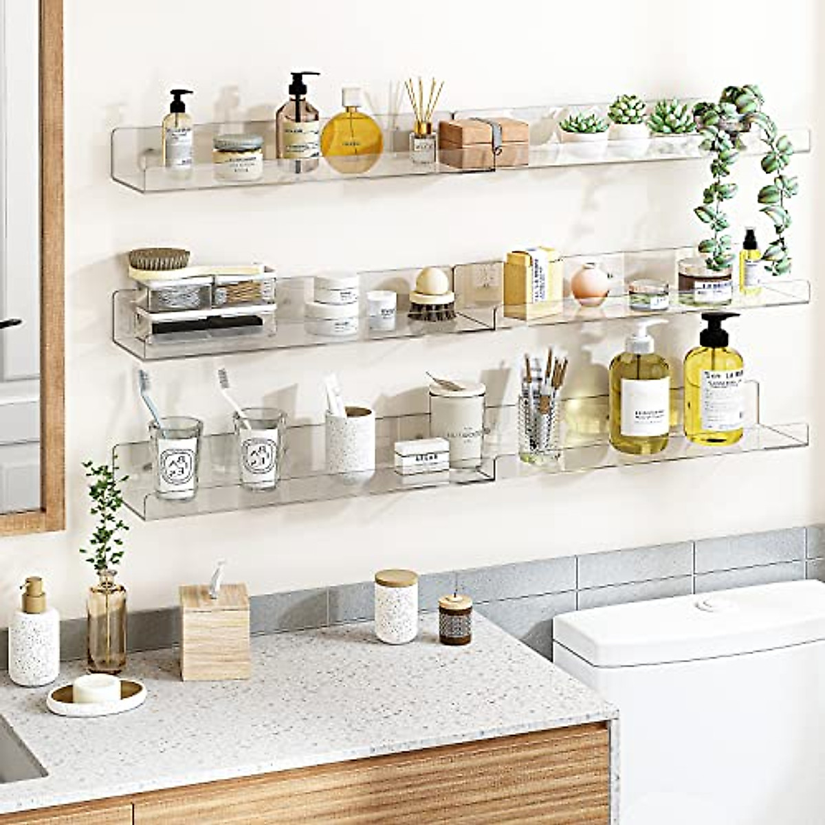 Fixwal Acrylic Shelves, 15 Inch Floating Wall Mounted Shelves, Clear Funko Pop Display Case, Invisible Bookshelf, Wall Decor for Kids and Bathroom Storage, Set of 6