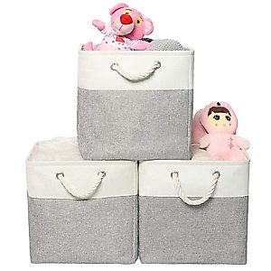 FAGlSAK Large Foldable Storage Bin 13" X 13" Storage Basket Organizer Basket Shelf Cube with Sturdy Cotton Carry Handles for Baby Nursery Closet Shelves Organization (White&Grey, Set of 3)