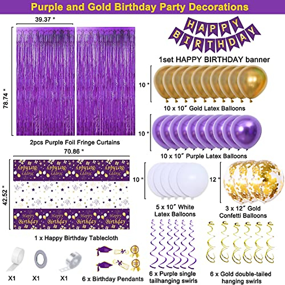 Birthday Decorations for Women girls, Purple Gold Birthday Decorations for Women with Bunting Banner, Fringe Curtains, Hanging Swirl,Tablecloth Balloons Arch Kit Engagement Anniversary Party Decor Suit