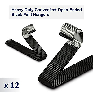 TESS Premium 12 Pack Slack Pant Hangers Trousers Jean Hangers, Heavy Duty, Anti-Rust Open Ended Pants, Easy Slide, Pants Organizers, Non-Slip Chrome and Black Friction