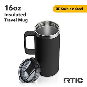 RTIC 16 oz Coffee Travel Mug with Lid and Handle, Stainless Steel Vacuum-Insulated, Hot and Cold Drink, for Car, Camping, Black