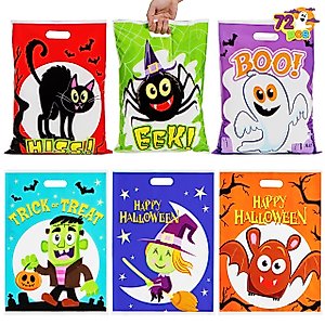 JOYIN 72 PCS Halloween Candy Bag for Trick or Treat, Halloween Treat Bags with 6 Designed Characters, Halloween Plastic Goodie Gift Bags for Party Favors Party Supplies