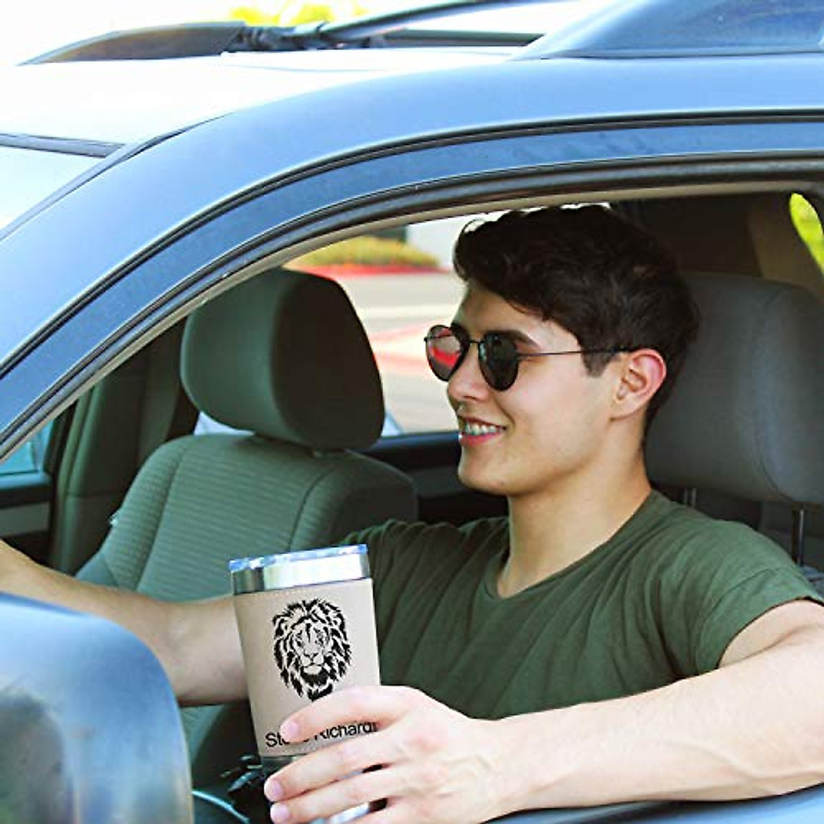 LaserGram 20oz Vacuum Insulated Tumbler Mug, Railroad Crossing Sign 1, Personalized Engraving Included (Faux Leather, Light Brown)