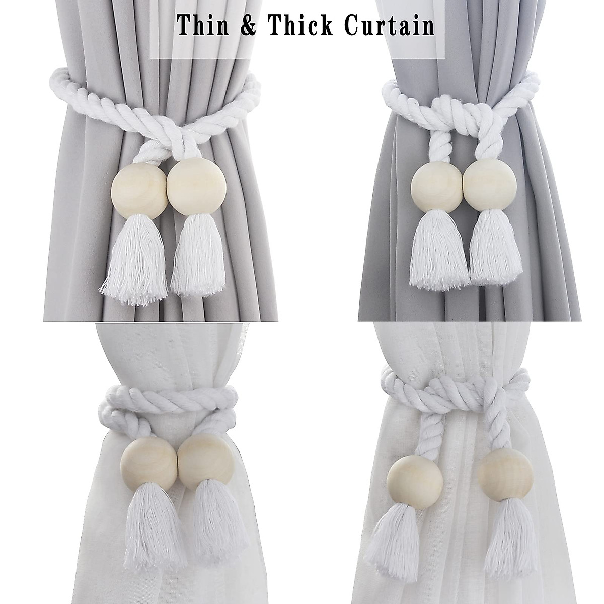 Porlau 2 Pack White Magnetic Curtain Tiebacks Cotton Hand Woven Tieback Holdback Decorative Tie Backs for Drapes with Wooden Buckle No Tools Required