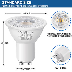 Valytime Dimmable GU10 LED Bulbs 7W(50W -60W-75W Equivalent) GU10 Light Bulbs Gu10 Shape Halogen Replacement Bulb 38°120V 650Lm for Track Spot Lighting Indoor Recessed,Day White 5000K,6 Pack