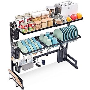 TOOLF Over The Sink Dish Dying Rack, Adjustable Length(29.4"-37.4") Height, 3 Tier Large Capacity Dish Rack, Sink Organize Stand Shelf, Kitchen Counter Supplies Storage for Plates Bowls Pots, Black