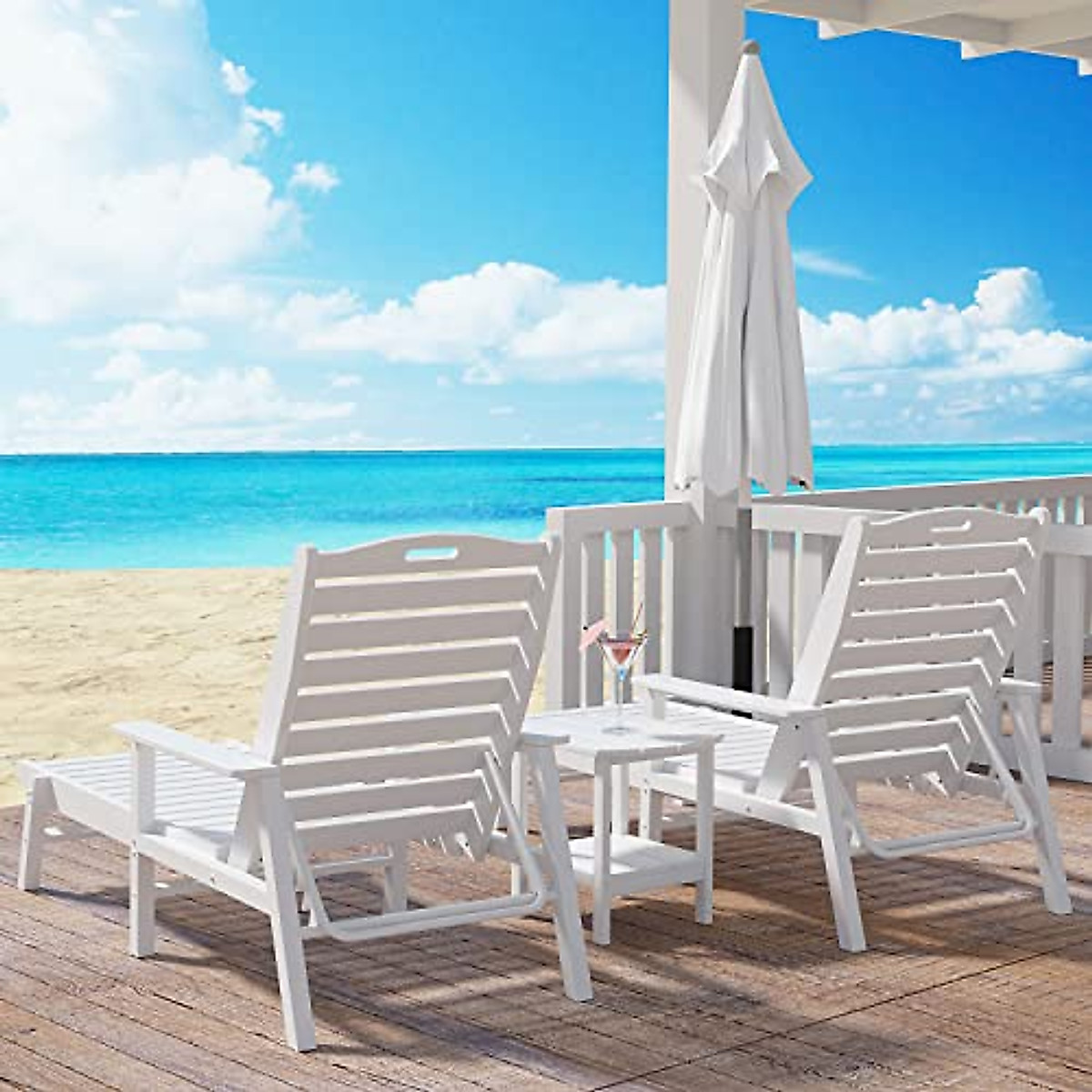 LyuHome Outdoor Lounge Chairs Set of 3, Lounge Beach Chairs for Outside, Pool Chaise Chairs and Side Table Set Patio Furniture Weather-Resistant Adjustable(White)