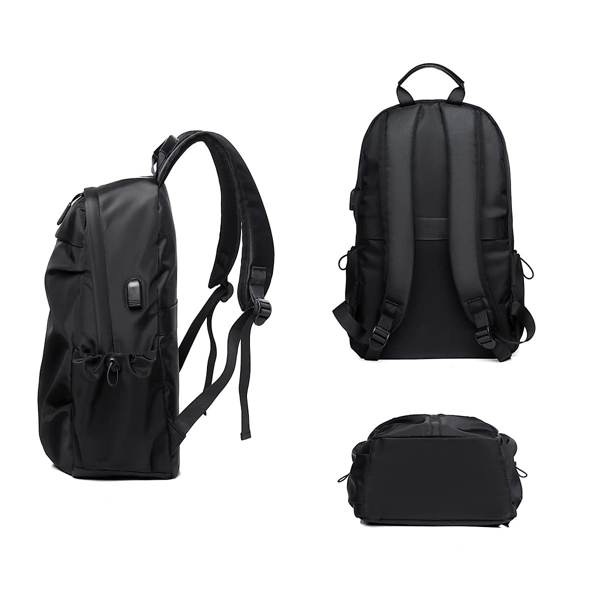 Nujenren Water Resistant Lightweight Travel Hiking Nylon Backpack Daypack Durable with USB Charging Port (Black)