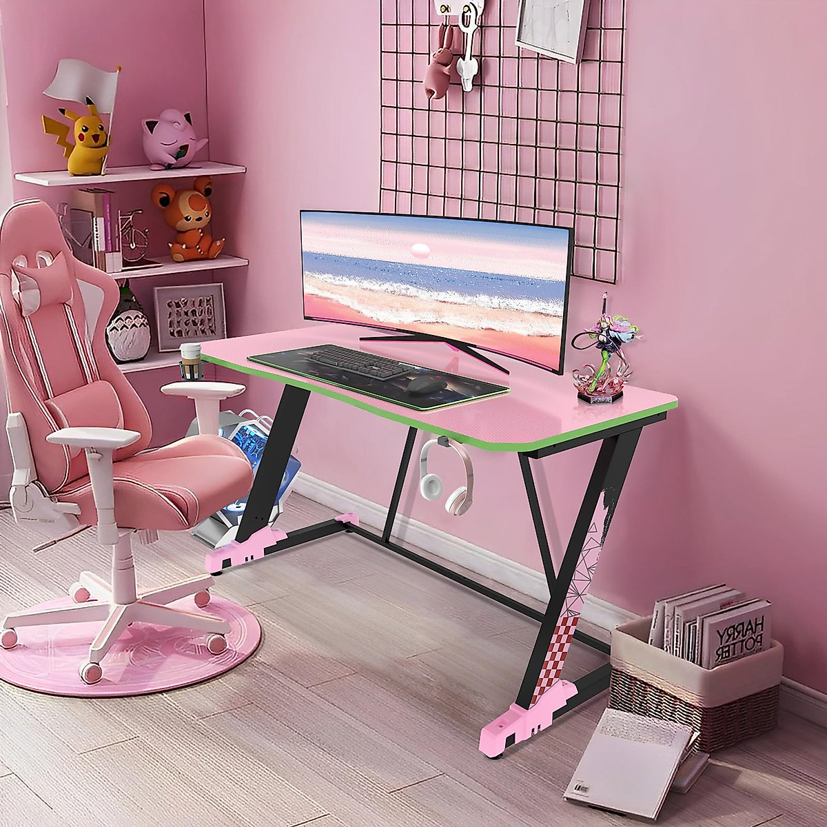 FUSLITE 55 Inch Gaming Desk, Carbon Fiber Surface Z-Shaped PC Computer Table, with Headphone Holder, Cup Holder, Cable Management Box, for Gamer, Pink & Green