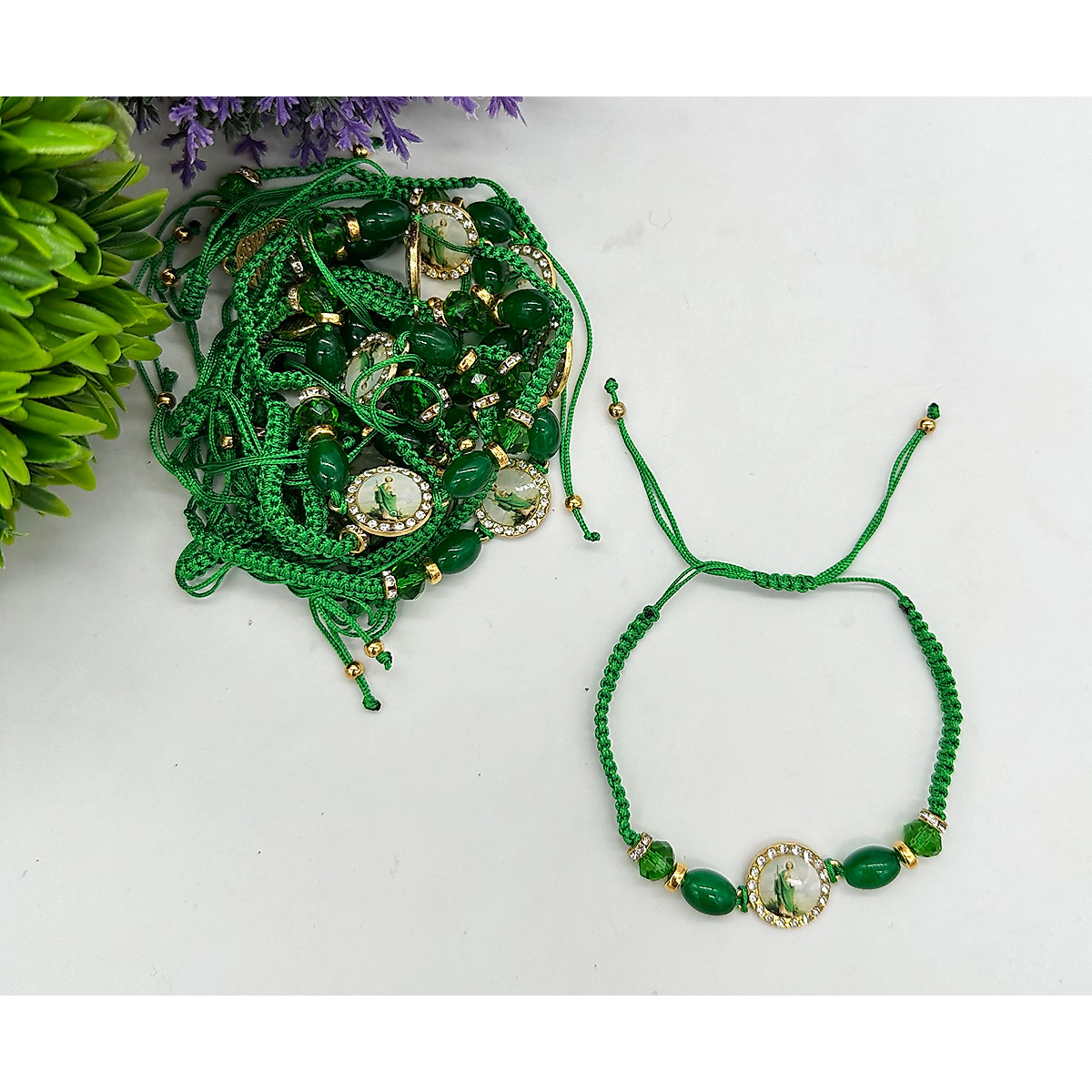 12 PCS San judas tadeo Bracelet Handmade Medal Adjustable String Green Rope Bracelets Religious Prayer Jewelry Gift For Women Men- Green (49GR)
