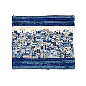 Yair Emanuel Premium Tallit Silk Embroidered Jerusalem Vista | Blue and White Tallis Prayer Shawl