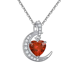 Qings Garnet January Birthstone Necklace - Red Heart Necklaces Crescent Moon S925 Family Birthstones Jewelry for Women Daughter