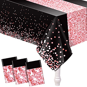 3 Pcs Black Sequin Tablecloth Dining Plastic Table Cover Rectangle Disposable Tablecloth for Graduation Birthday Wedding Anniversary Festive Cocktail Party Supplies, 54 x 108 Inch(Black and Rose Gold)