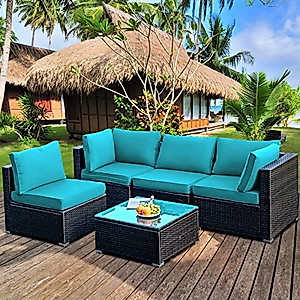 HAPPYGRILL 5PCS Patio Furniture Set Outdoor Rattan Wicker Sofa Set with Coffee Table Sectional Sofa Conversation Set with Pillows Cushions for Backyard Porch Garden Poolside