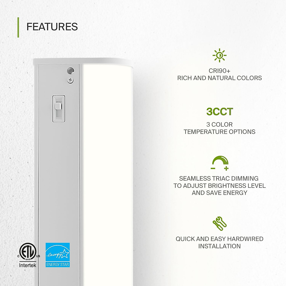 ASD LED Under Cabinet Lighting, 9 inch 3W 202 LM, Dimmable Hardwired Under Cabinet Lights for Kitchen, 3000K Soft/4000K Cool/5000K Daylight, Under Counter Light Fixtures, ETL Energy Star White Finish