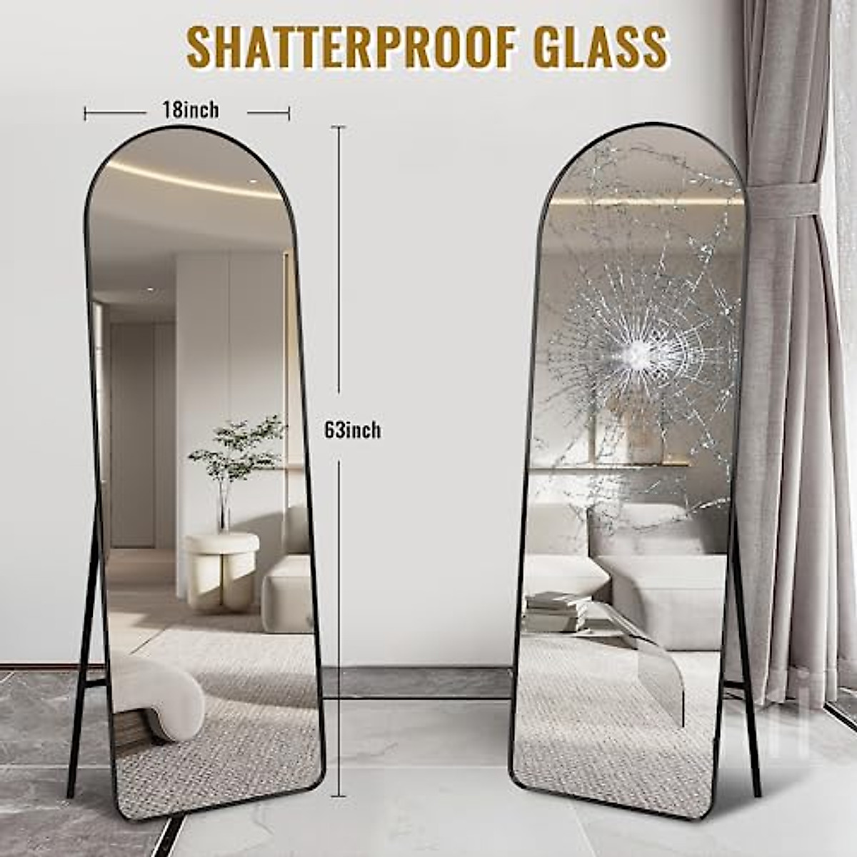 ABSWHLM Arched Full Length Mirror 63"x18" Aluminum Alloy Frame Floor Mirror for Living Room, Bedroom Hanging Standing or Leaning Wall-Mounted, Black