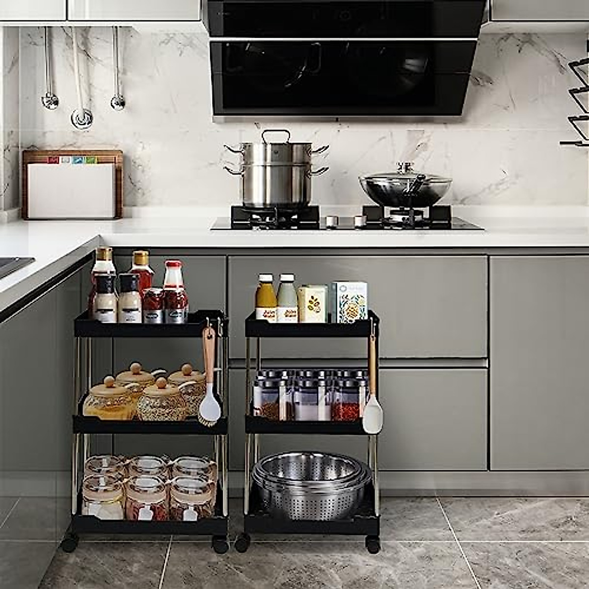 OHAHALICO 2 Pack 3 Tier Storage Cart, Bathroom Rolling Utility Cart Storage Organizer Slide Out Cart, Mobile Shelving Unit Organizer Trolley for Office Bathroom Kitchen Laundry Room, Black