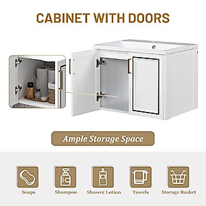 Polibi 24" Wall Mounted Bathroom Vanity with Ceramic Basin, Two Shutter Doors, Solid Wood & MDF Board, Modern Hanging Bath Cabinet