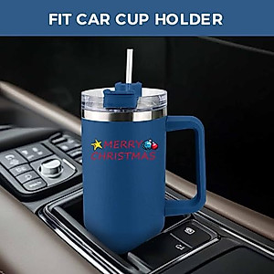 LB LEOBON 40 ounce insulated cup with handle, double-layer vacuum stainless steel material, equipped with straw, can keep warm or maintain cold drinks Merry Christmas Stars Balls Cowboy Blue