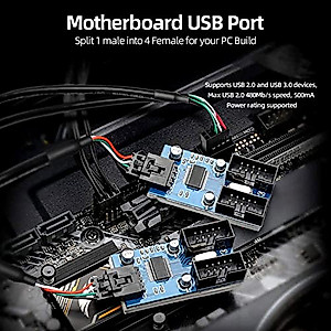 9Pin USB Header Splitter Male 1 to 4 Female Extension Cable Card for Motherboard, USB 2.0 Splitter Cable Connector with 3M Adhesive, Adapter Port Multiplier for CPU Fans, RGB Lights, WiFi Receiver