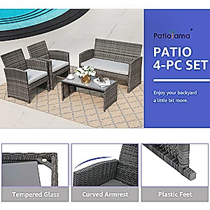 Patiorama 4 Pieces Outdoor Patio Furniture Sets Garden Rattan Chair Wicker Set, Poolside Lawn Chairs with Tempered Glass Coffee Table Porch Furniture (Light Grey)