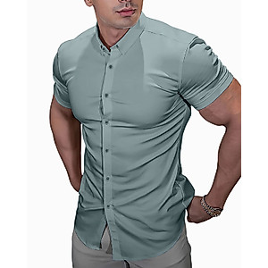 Casual Men's Muscle Fit Dress Shirts Short Sleeve Athletic Fit Button Down Shirts Light Green L