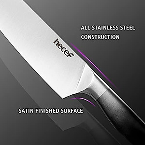 hecef Gradient Black Kitchen Knife Set of 5, Chef Knife Set with Satin Finished Blade & Hollow Handle & Protective Sheaths, Includes Chef, Santoku, Bread, Utility & Paring Knife