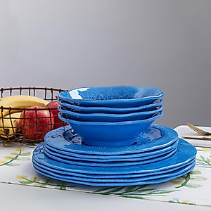 LEHAHA Melamine Dinnerware Sets, Dishes Sets for 4, 12 Piece Plates and Bowls Sets, Unbreakable BPA Free Reactive Blue Ceramic Design Plates Set for Indoor and Outdoor Use, Dishwasher Safe