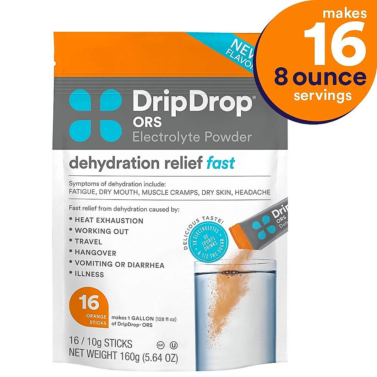 DripDrop ORS - Patented Electrolyte Powder For Dehydration Relief Fast - For Workout, Sweating, Heat, & Travel Recovery - Orange - 16 x 8oz Servings