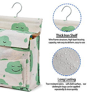 KOOZTI Laundry Clothespin Bag for Clothesline Outdoor, Waterproof Clothespin Bag with Lid, Large Opening, Large-Capacity Clothespin Storage Organizer with Hooks(Green)