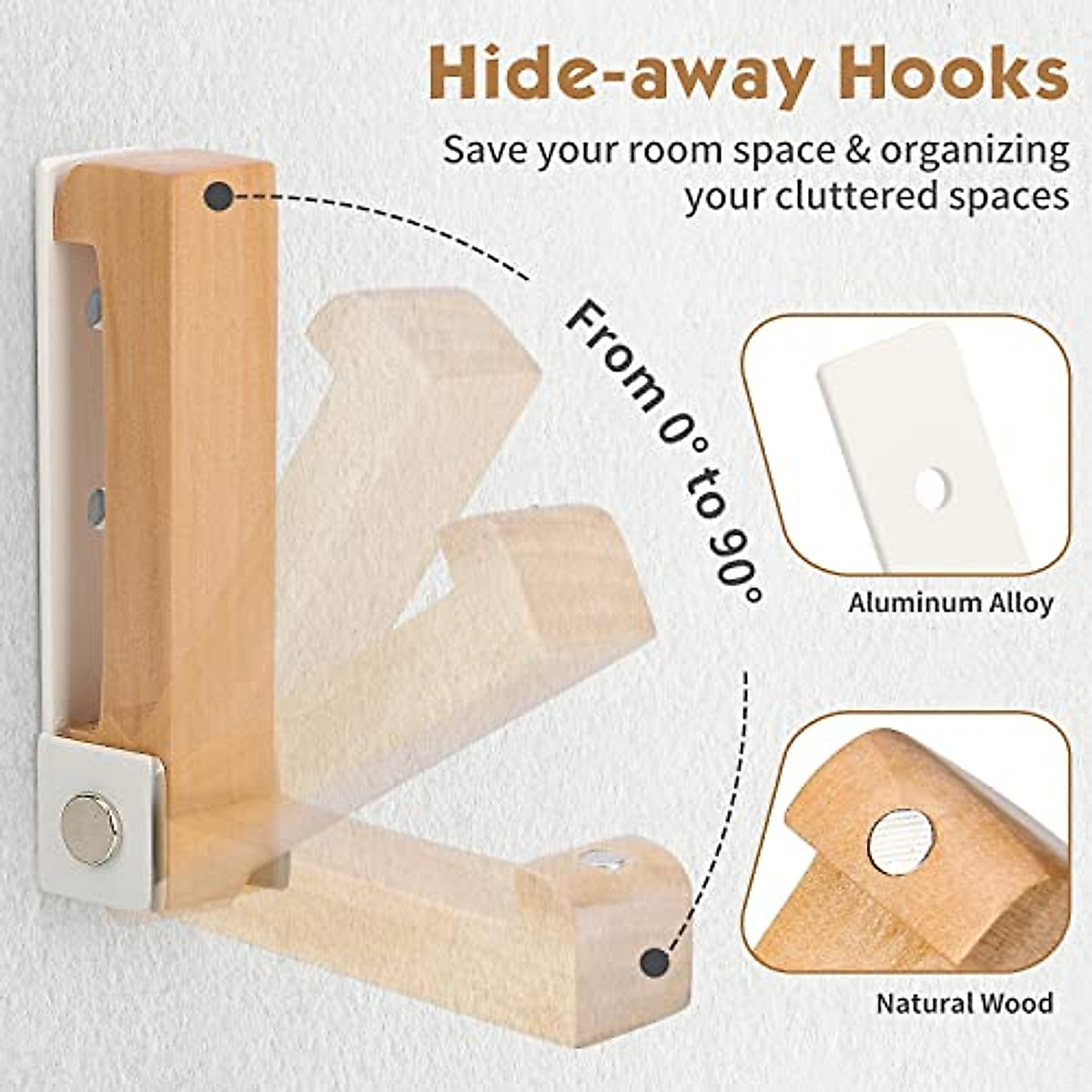Folding Coat Hooks 5 Pcs Wooden Wall Hooks for Hanging Coat Heavy Duty Aluminum Alloy Adhesive Foldable Headphone Holder Coat Hooks Wall Mounted with 10 Screws for Hat, Towel, Bag (White)