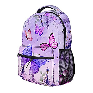 Lamtwbos Purple Butterfly Lavender Kids Backpacks for Girls Middle-School Elementary Bookbags 17 Inch Waterproof Lightweight Schoolbag for Kids