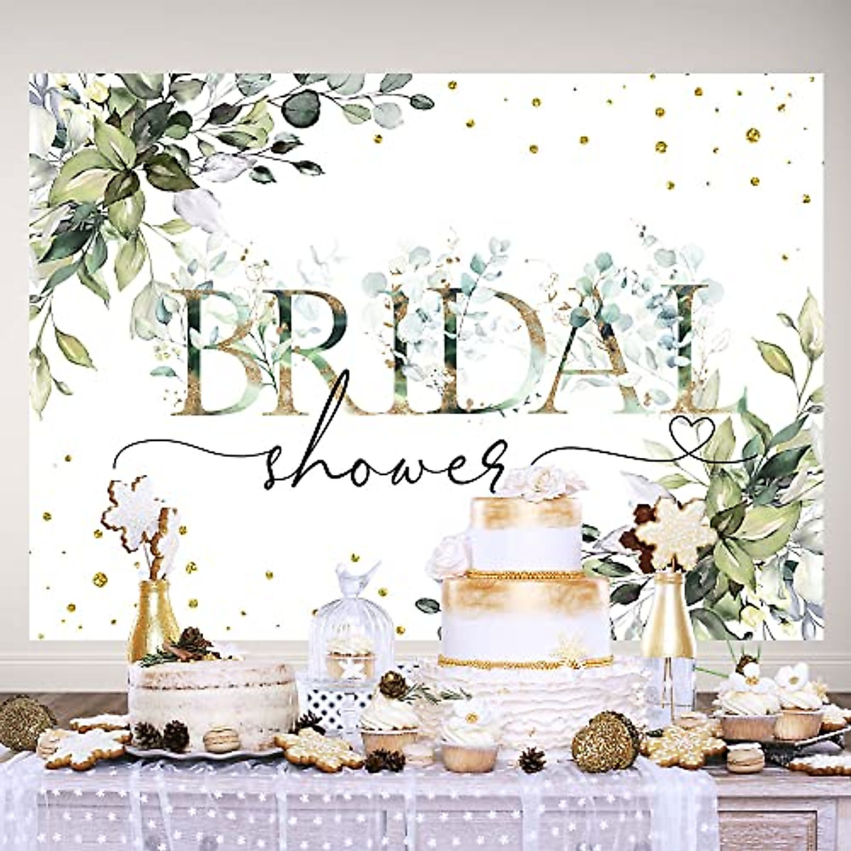 Ticuenicoa 7×5ft Bridal Shower Backdrop Green Leaves Golden Dots White Photography Background Decoration Miss to Mrs Wedding Bride to Be Engagement Photo Booth Props