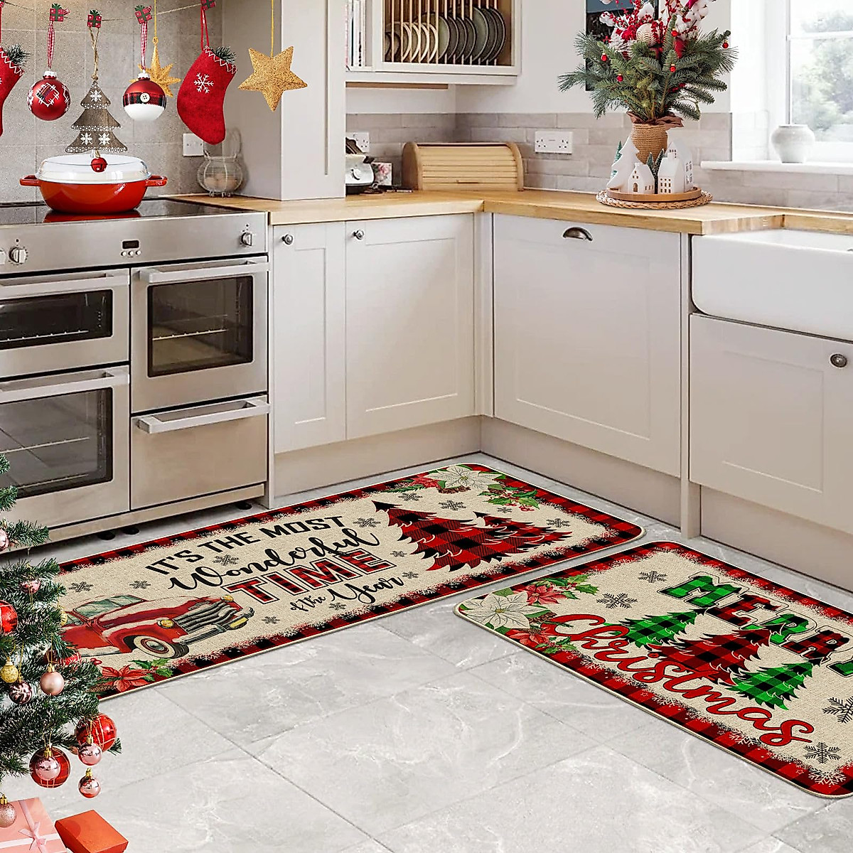 cusugbaso Christmas Kitchen Mats, Merry Christmas Kitchen Rugs Set of 2 - Red Buffalo Plaid Christmas Kitchen Decor - Truck Christmas Decorations for Bathroom,Floor,Indoor,Home 17"x27+17"x47"