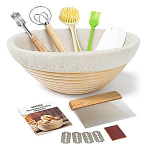 Kootek Banneton Bread Proofing Basket, 9 Inch Round Sourdough Starter Kit, Bread Baking Supplies Tools with Proofing Basket for Bread Making, Dough Whisk, Bread Lame, Banneton Basket Gift Set