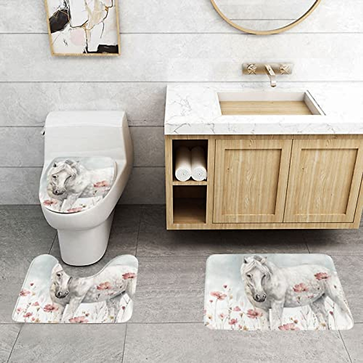 ELBULL Horse Surrounded by Flowers Print Flannel Anti Slip Mat 3 Pieces/Set Super Soft Non Slip Rugs Super Absorbent Bathroom