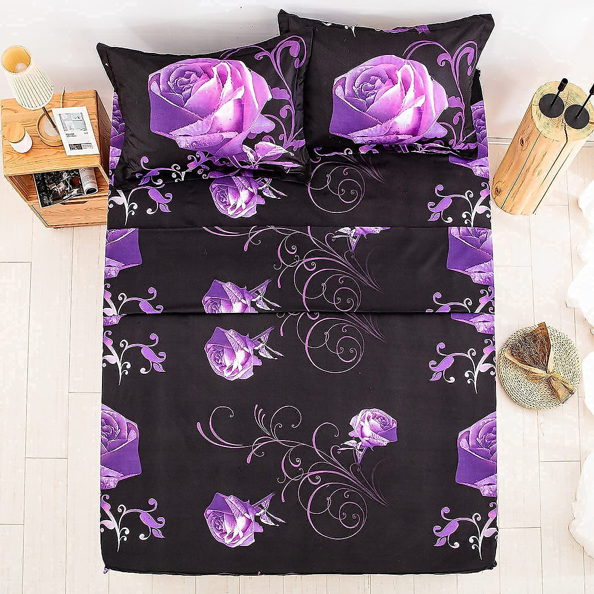 3D Purple Rose Duvet Cover Sheet Set Queen, Reversible Purple Rose Pattern Printed Bedding Comforter Cover with Zipper Closure, 7 Pieces Bundle Soft Microfiber Bedding Duvet Cover Sheets Set 90"x90"