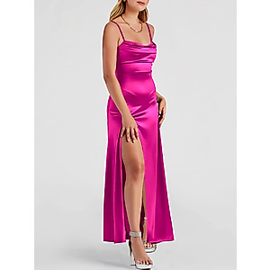 ANRABESS Women Formal Satin Spaghetti Strap Cowl Neck Bodycon Slit Prom Cocktail Maxi Dress Evening Party Rose X-Large