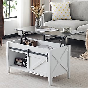 VINGLI White Charcoal Lift Top Coffee Table, 36" Small Farmhouse Barn Door Coffee Table with Storage, Rectangular Center Wood Coffe Table with Lifting Top, Living Room Tables with Hidden Compartment