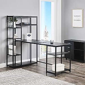 Modern Luxe L-Shaped Corner with Bookshelf 2-Pieces Computer PC Table Set Home Office Desk with Shelves, Black