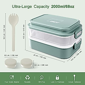 KEMETHY Bento Box Adult For Lunch, Stackable Large Capacity Containers with Tableware and Sauce Cups for Adults, Leak-Proof 2000ML/68OZ Green