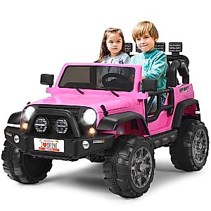 HONEY JOY 2 Seat Ride On Truck, 12V Off-Road Ride On Car with Remote Control, Slow Start, Spring Suspension, LED Lights, Music, 3 Speeds, Battery Powered Electric Vehicle for Two Kids(Pink)
