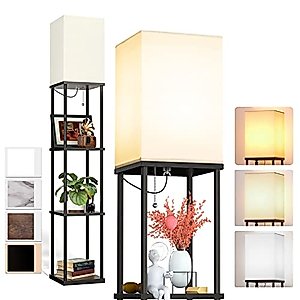 addlon LED Modern Shelf Floor Lamp with 3CCT LED Bulb and White Lamp Shade - Display Floor Lamps with Shelves for Living Room, Bedroom and Office - Black