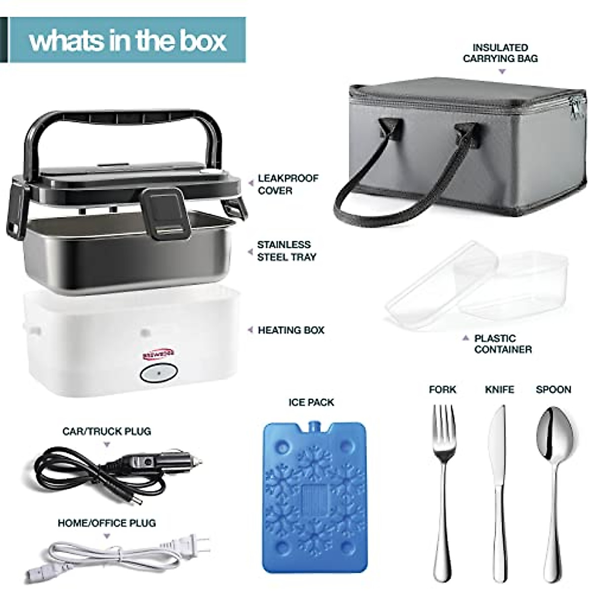 Electric Lunch Box Food Heater, Heated Lunch Box for Adults and kids, food warmer lunch box, 70W 110V/12V/24V, heating lunch box for work, food warmer for car, 1.8L with Cutlery Set & Ice Pack