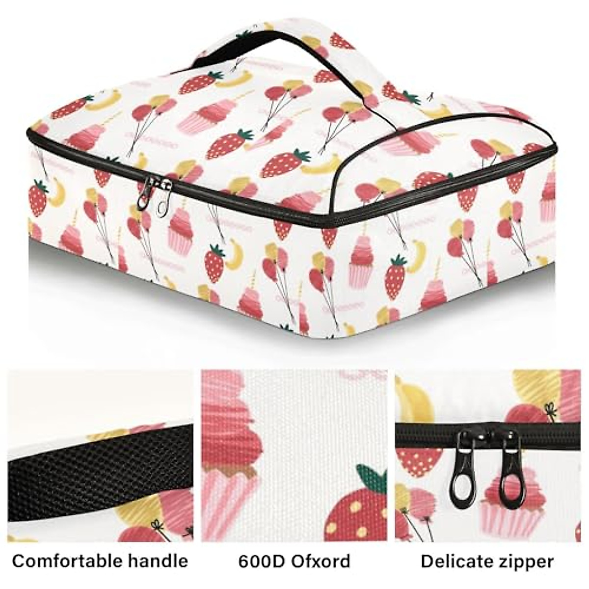 Kcldeci Insulated Thermal Food Carrier Insulated Casserole Carrier for Hot or Cold Food,Pink Is Lost with Cupcake Insulated Tote Bag for Potluck Cookouts Parties Picnic,Lasagna Lugger