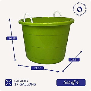 HOMZ 17-Gallon Indoor Outdoor Storage Bucket w/Rope Handles for Sports Equipment, Party Cooler, Gardening, Toys and Laundry, Bold Lime Green (4 Pack)