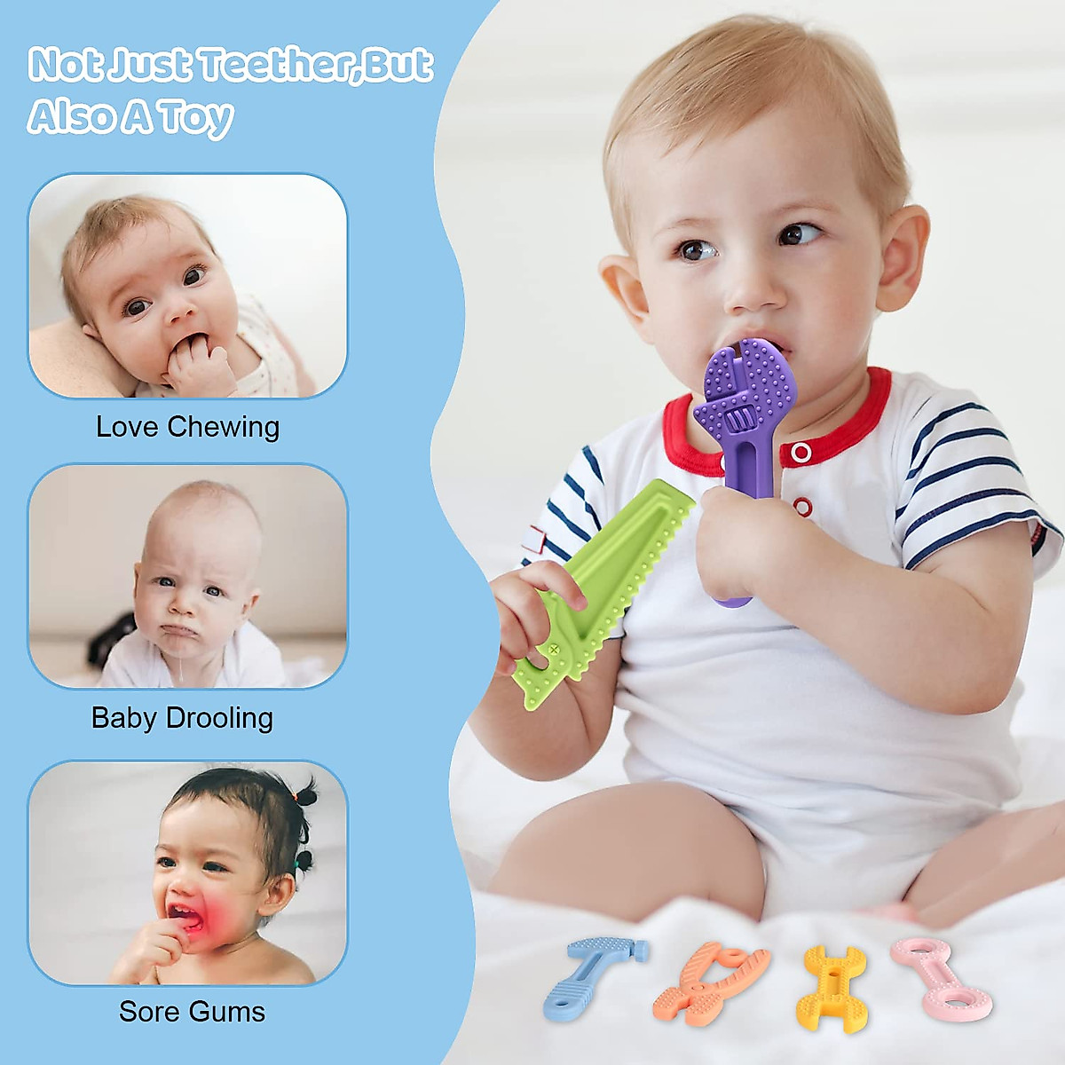 Yinghezu 8 Pack Chew Baby Teething Toys for 0-12 Months, Freezable BPA Free Silicone Baby Molar Teether Chew Toys, Hammer Wrench Spanner Pliers Hand Saw Shape Baby Girl's Boy Car Seat Toy