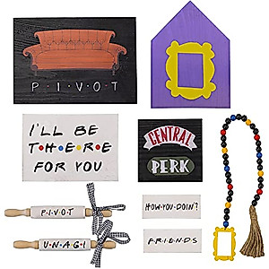 9 Pieces Friends Tiered Tray Decor Set Friends TV Show Gift Wooden Rustic Modern Decor Items Friends TV Show Merchandise Friends Theme Mini Wooden Signs for Kitchen Table Decoration