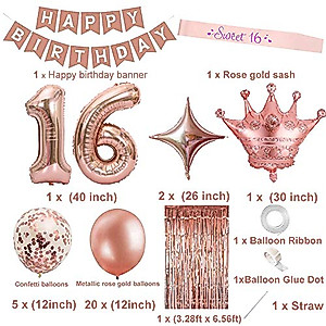 16th Birthday Decorations for Women, Rose Gold Sweet 16 Birthday Party Decoration for Her, 16th Happy Birthday Banner Kits Rosegold Balloons Decoration for Girls Women 16th Birthday Party Supplies